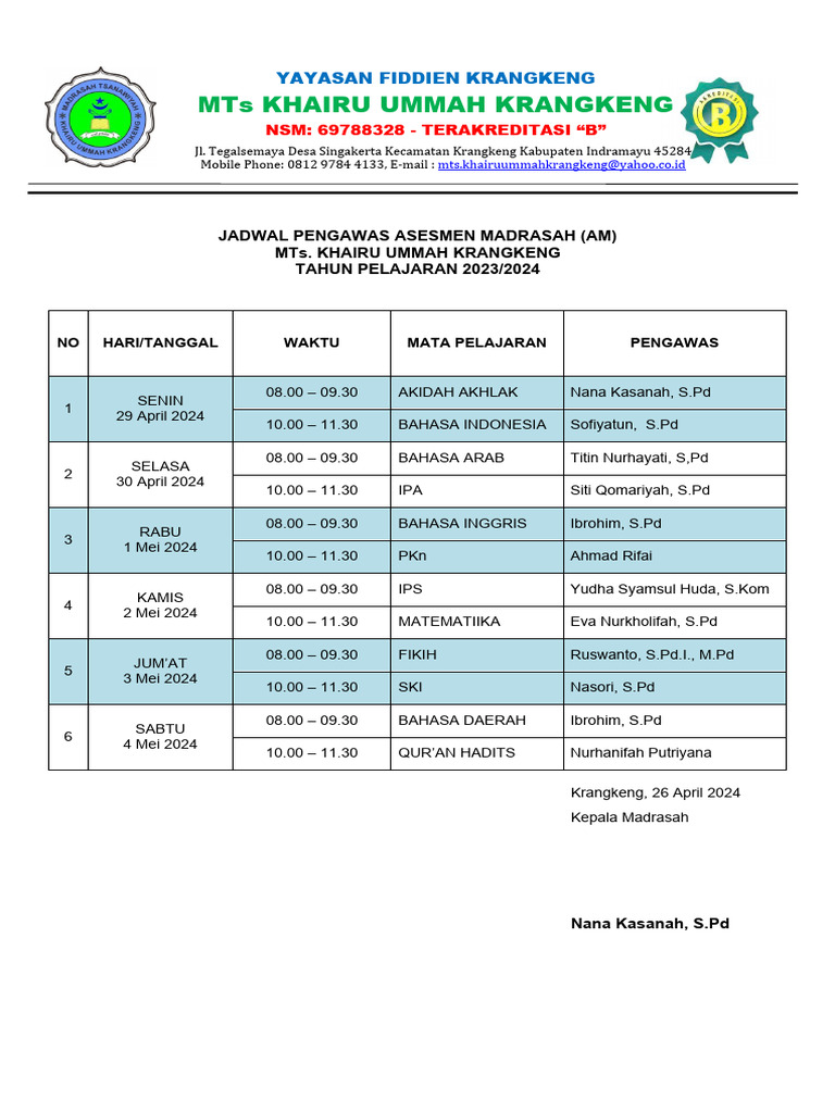 Jadwal Asesmen Madrasah MTs Khairu Ummah | PDF | Agama & Spiritualitas