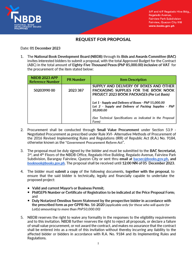 RFP for Book Nook Packaging Supplies | PDF | Request For Proposal