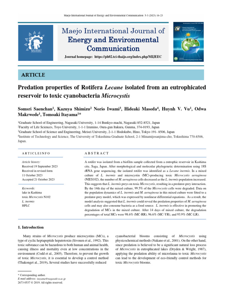 Predation Properties of Rotifera Lecane Isolated From An Eutrophicated ...