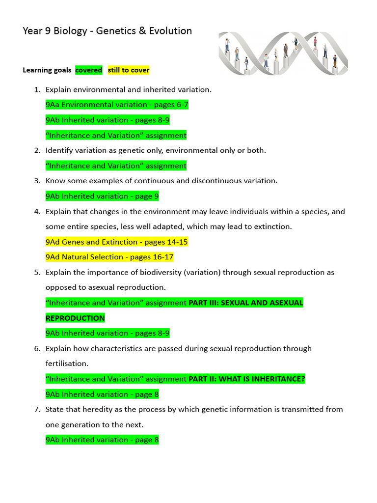 Edited Copy of Yr9 Bio Learning Goals - Genetics & Evolution | PDF ...