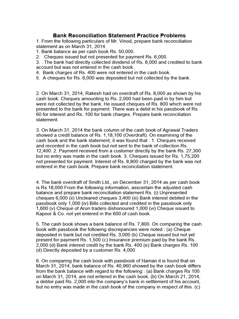 Bank Reconciliation Statement Practice Problems | Download Free PDF | Banks | Cheque