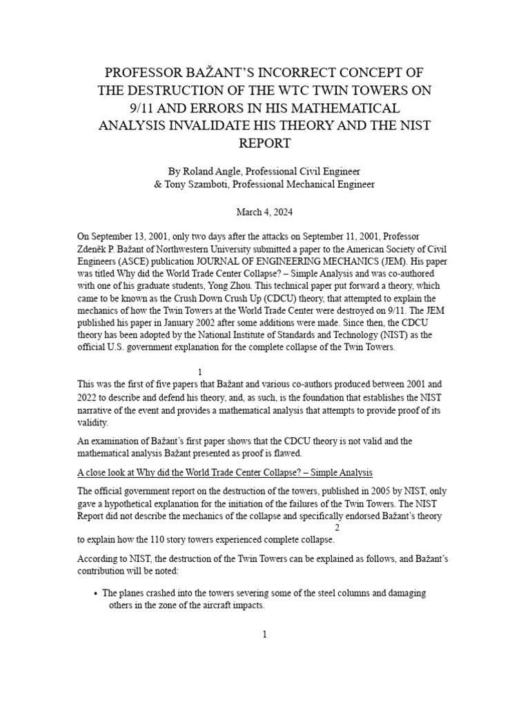 Invalidating Professor Bažant's Mathematical Analysis & His 9-11 Theory by Angle & Szaboti | PDF ...