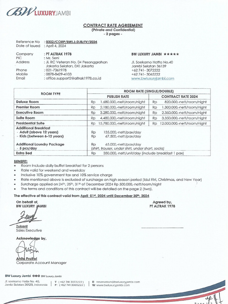 Contract Rate 2024 - PT Altrak 1978 | PDF