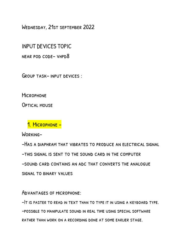 L1 - Wednesday, 21st Sept 2022 - INPUT DEVICES | PDF