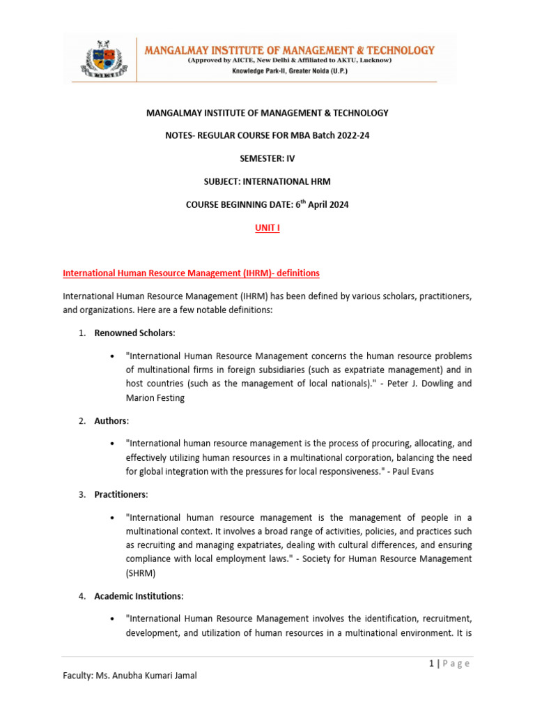 IHRM Notes Unit 1 MBA Batch 2022-24 Semester 4 | PDF | Cost Of Living ...