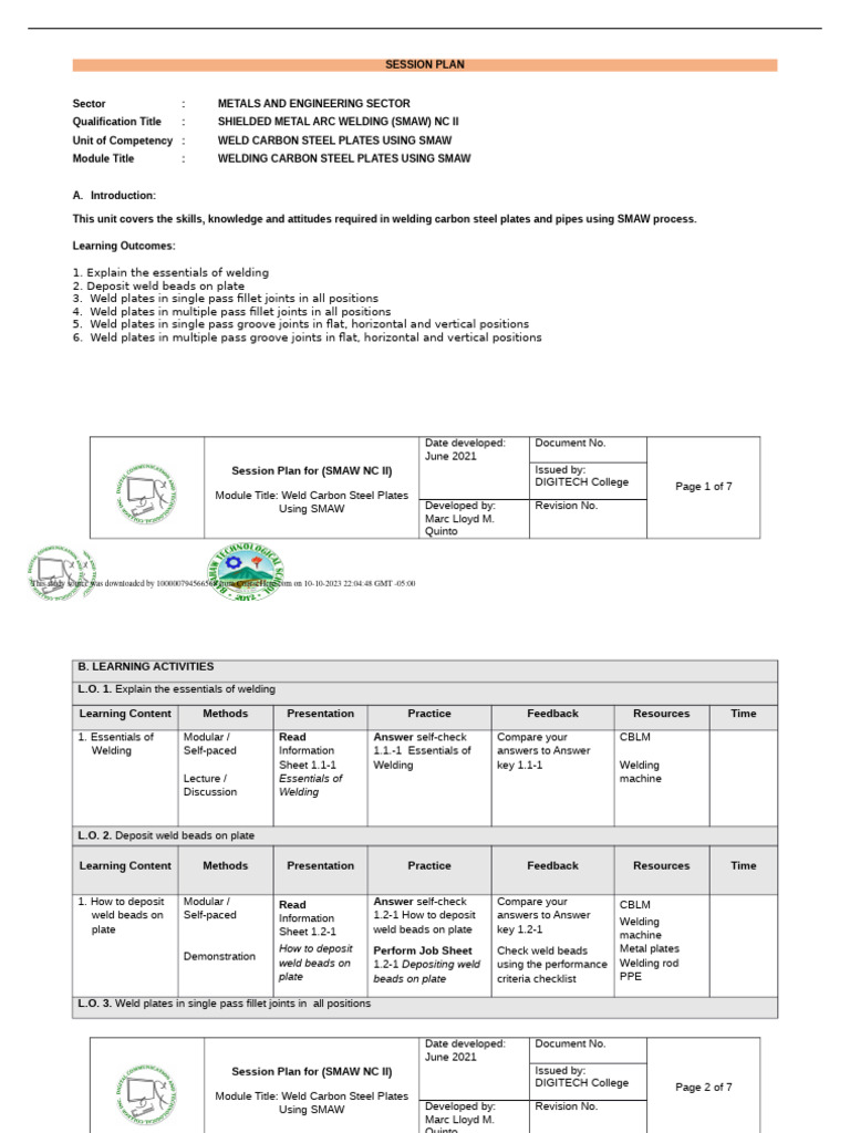 Session Plan For SMAW NC II | PDF | Welding | Construction