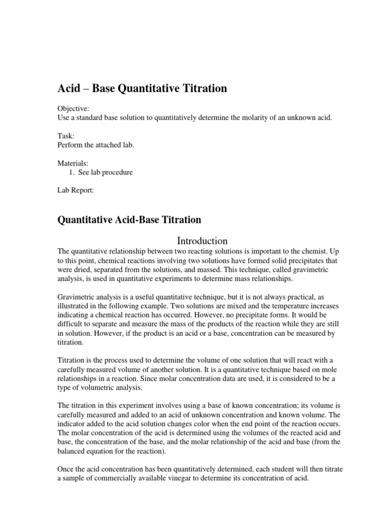 Acid and Base Titration Lab Report | PDF | Titration | Chemistry