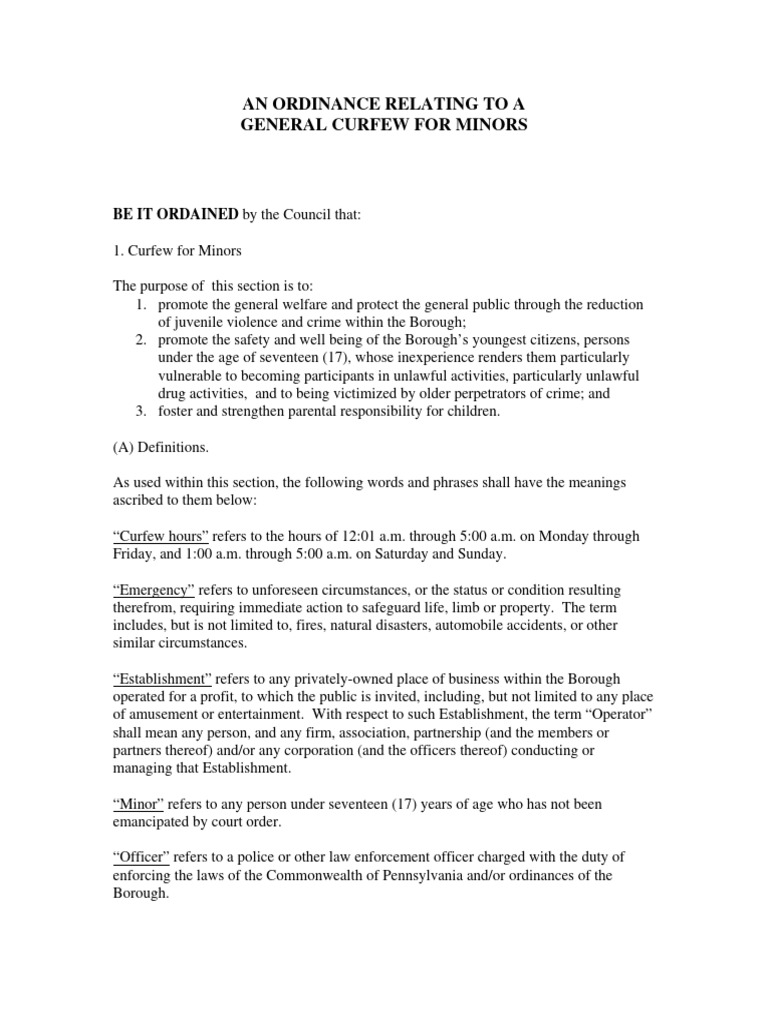 General Curfew For Minors | PDF | Legal Guardian | Police