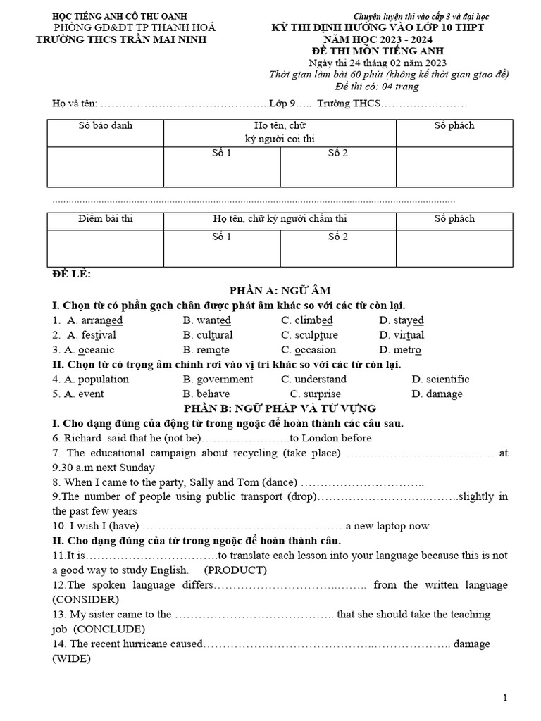 ĐỀ LẺ KÌ THI TUYỂN SINH LỚP 10 THPT -THI THỬ LẦN I T.ANH 2023-2024 ĐỀ LẺ | PDF