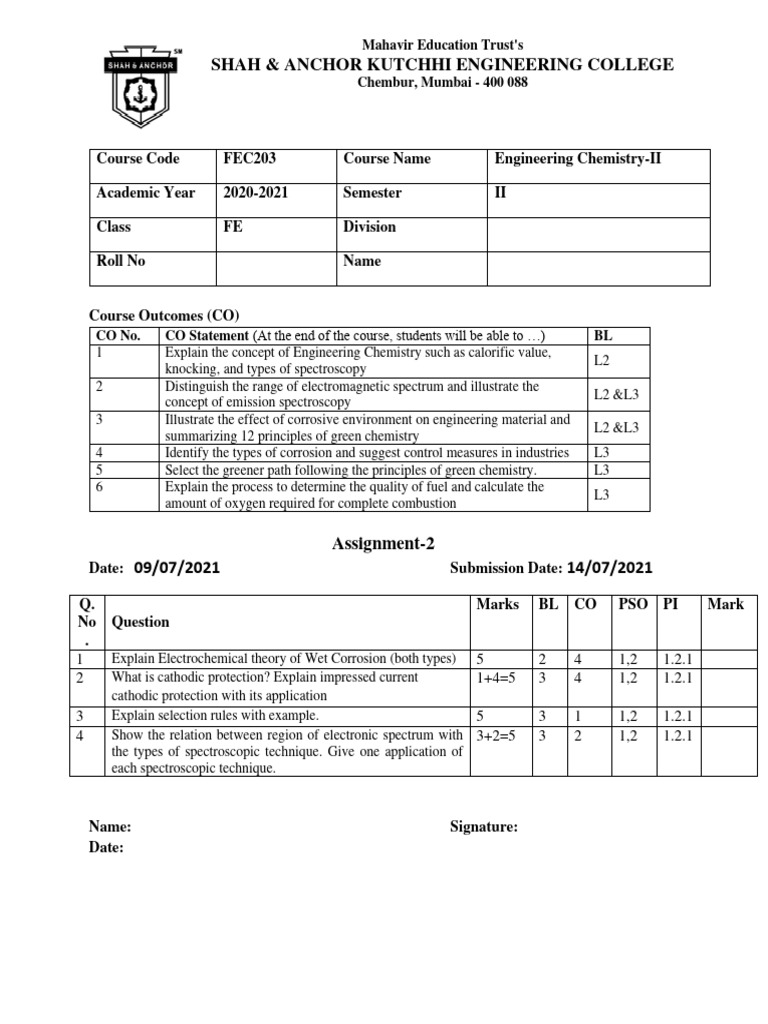 Ass2 Sem-2 20-21 | PDF | Spectroscopy | Corrosion