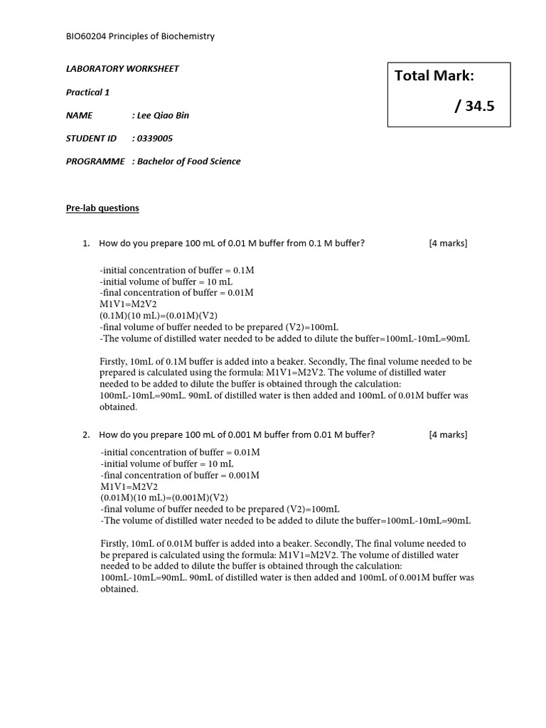 LEE QIAO BIN (0339005), Worksheet 1 | PDF | Buffer Solution | Ph