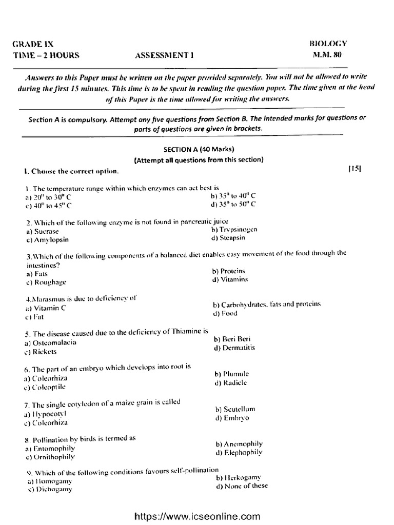 Icse Class 9 Assessment 1 Biology 030424 2024 | PDF