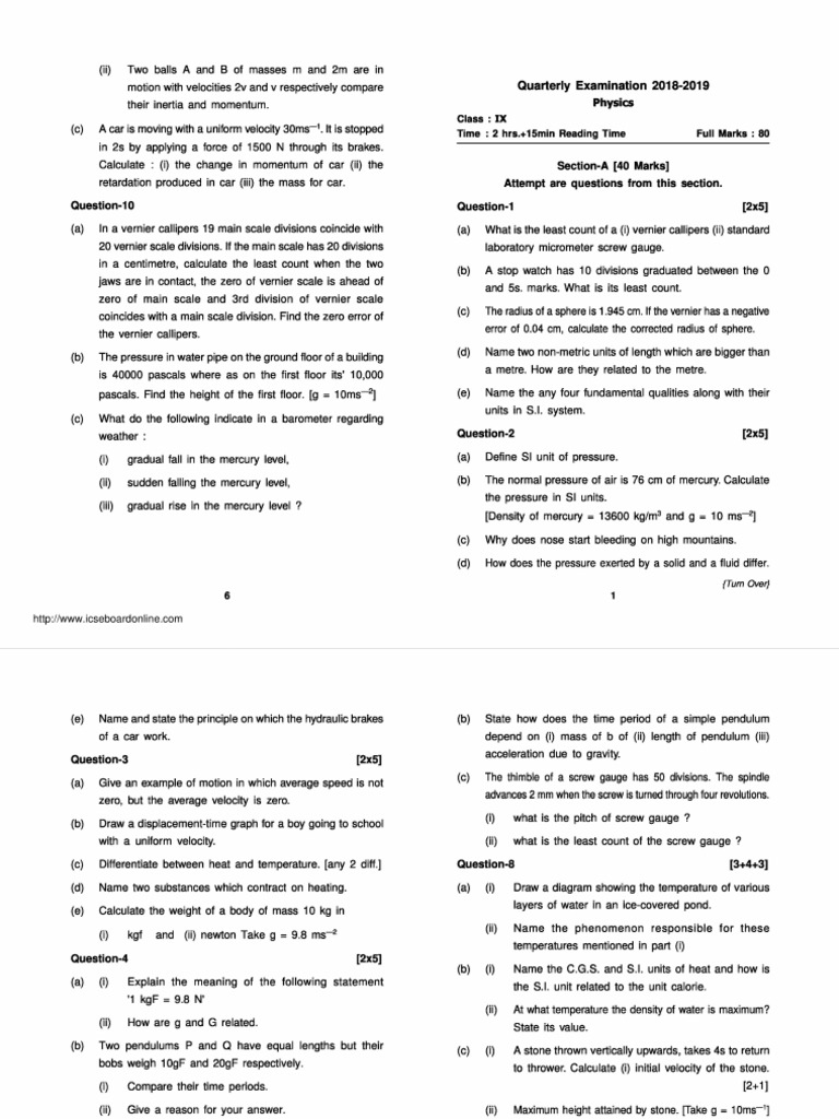 Icse Class 9 Qty Physics 2019 | PDF
