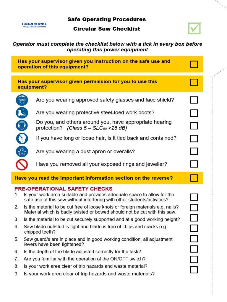 Circular Saw Checklist | PDF | Housekeeping | Safety