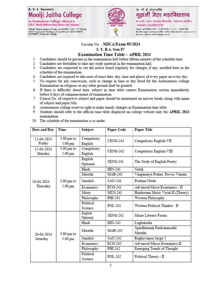 BA Sem IV April 2024 Time Table | PDF | Science | Yoga