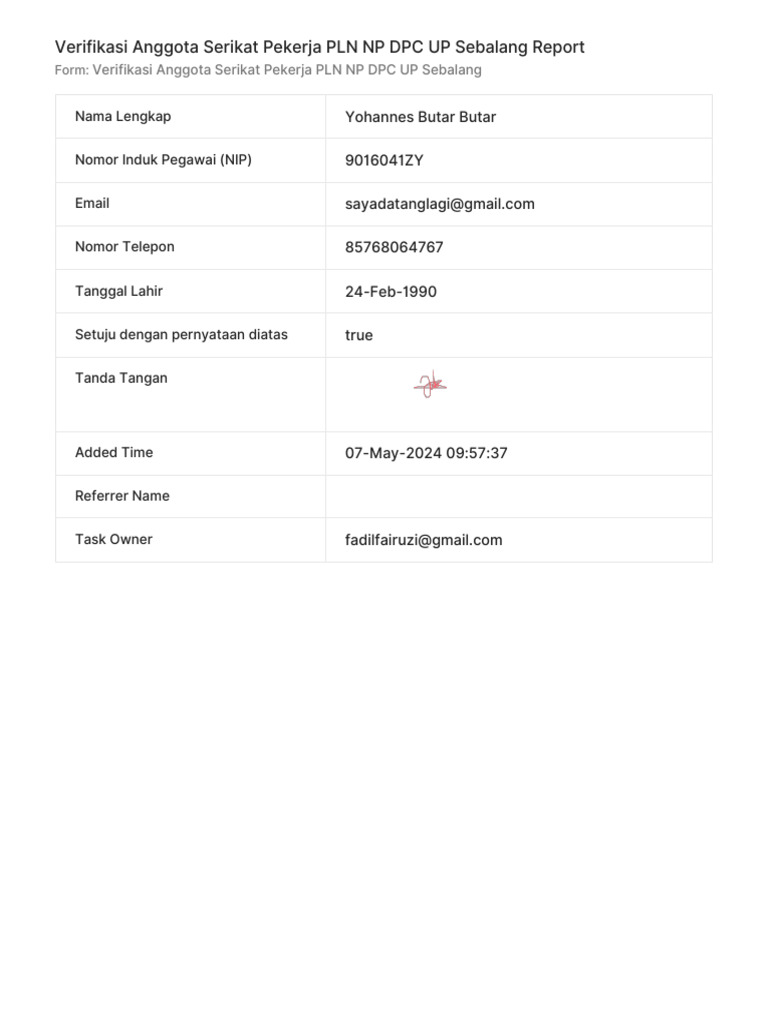 Verifikasi Anggota Serikat Pekerja PLN NP DPC UP Sebalang Report | PDF