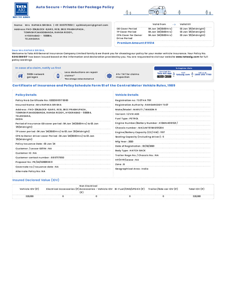 Tata AIG Motor Policy Schedule - 3184 - 6202386517-00 | PDF | Insurance | Business Law