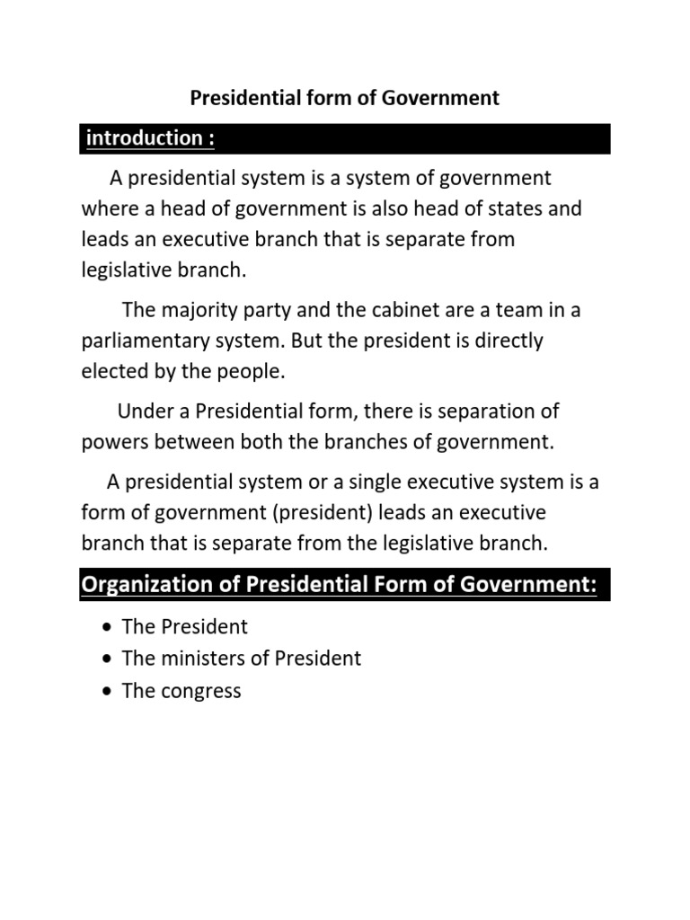 Presidential Form of Government | PDF | Separation Of Powers | Legislature