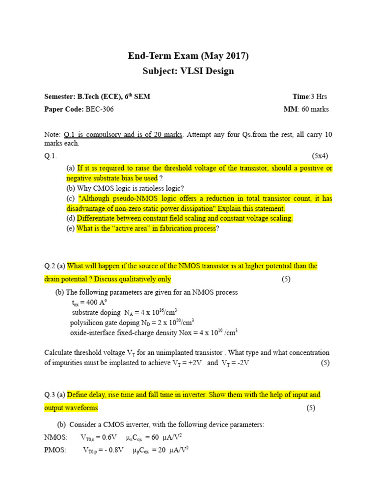 BEC 306 VLSI Design End Term 2017 PAPER | PDF | Cmos | Mosfet