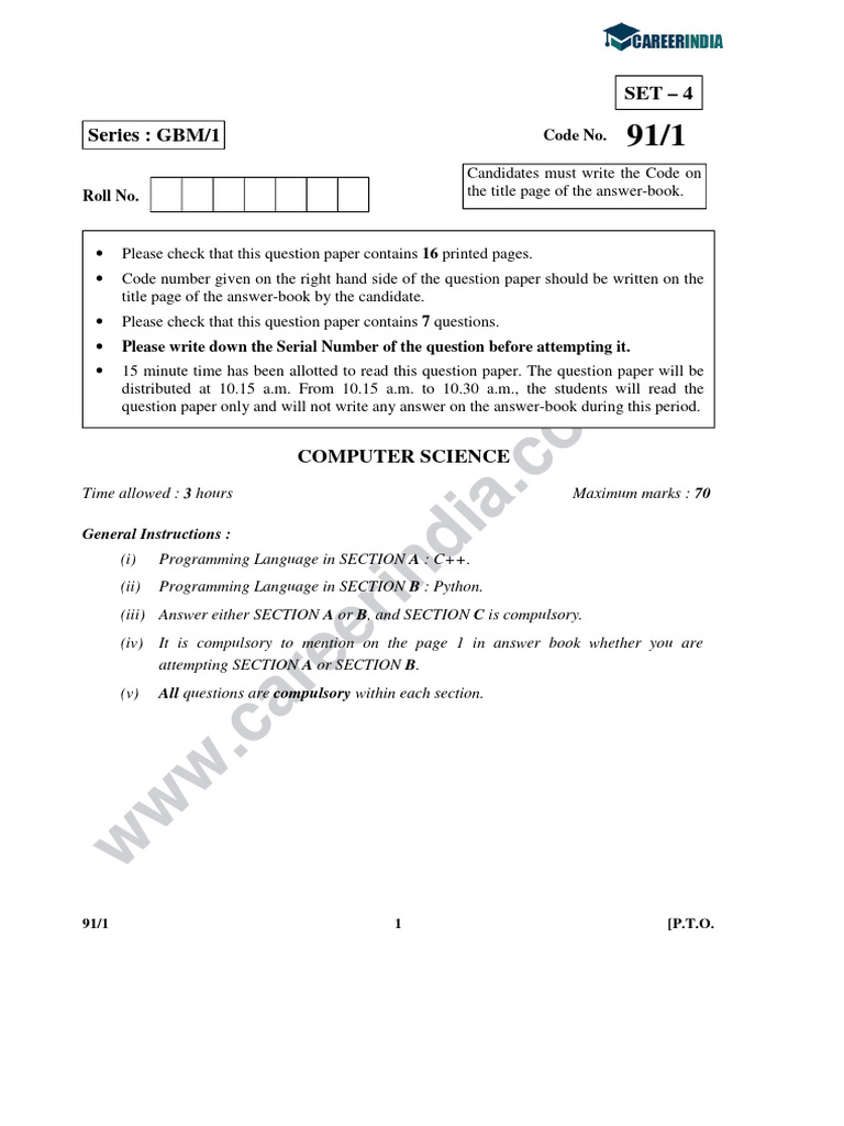 Cbse Xii Computer Science 2017 Delhi Pdf Method Computer Programming Class Computer