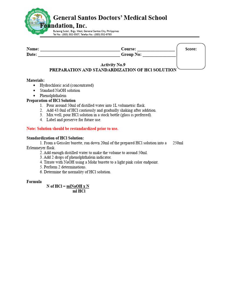 Preparation And Standardization Of Hcl Solution Pdf Hydrochloric Acid Titration