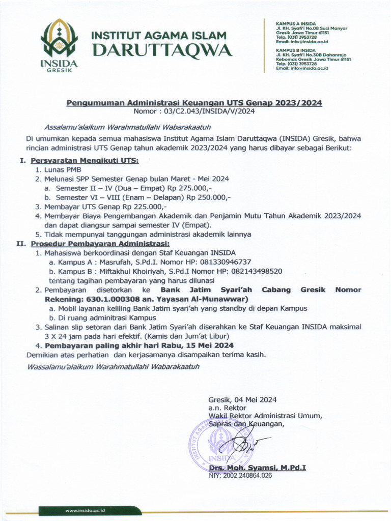 Pengumuman Administrasi UTS INSIDA Gresik | PDF