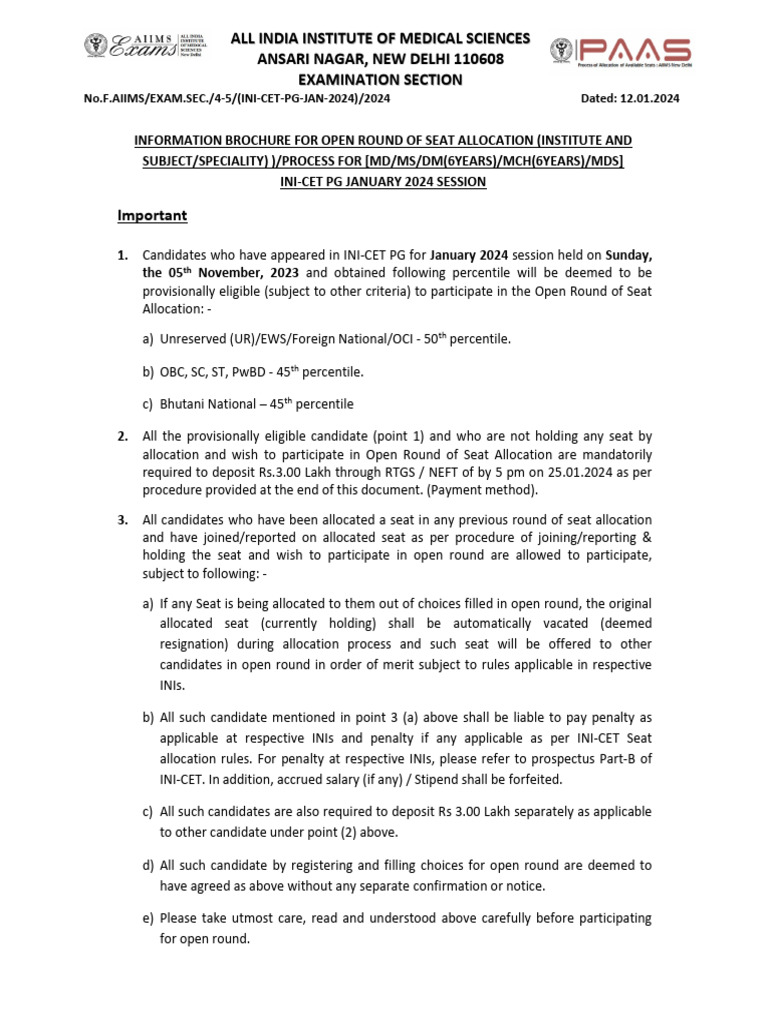 2024 JAN INI-CET Open Online Seat Allocation Information Brochure-Final ...