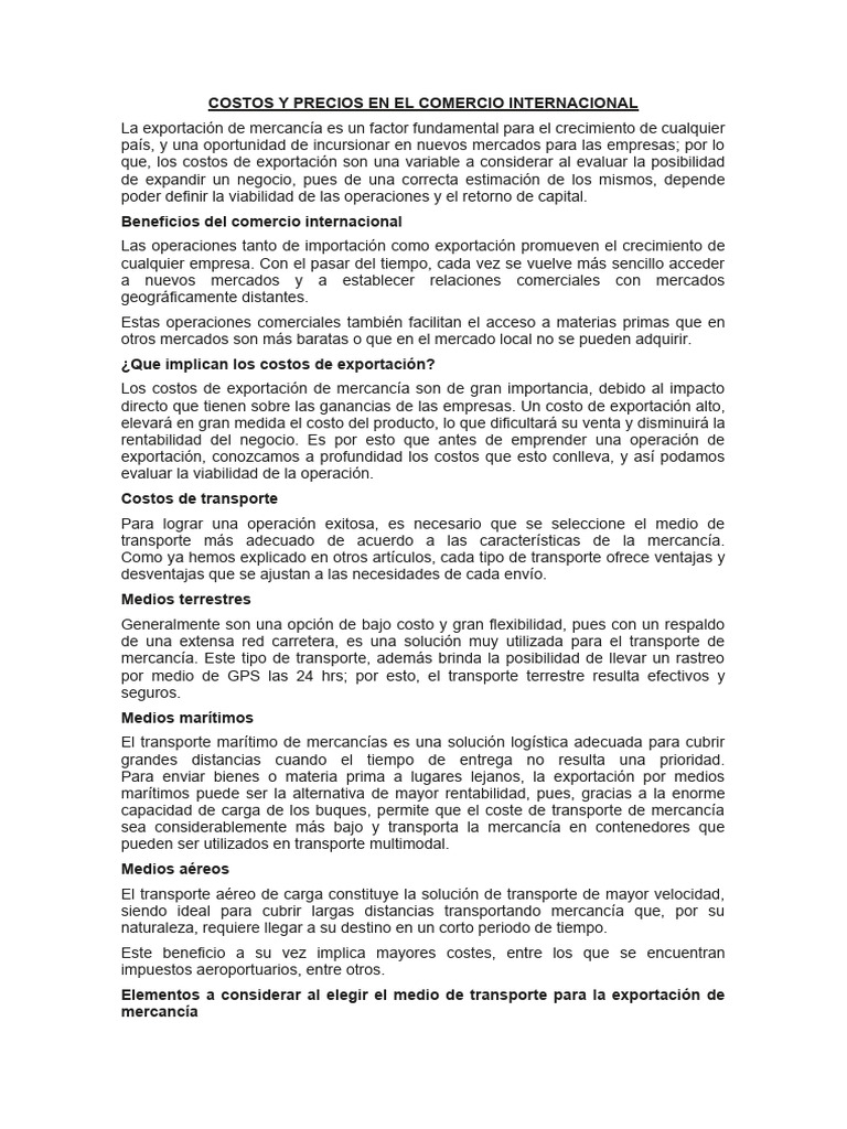 Costos y Precios en El Comercio Internacional | PDF | Economias | Comercio