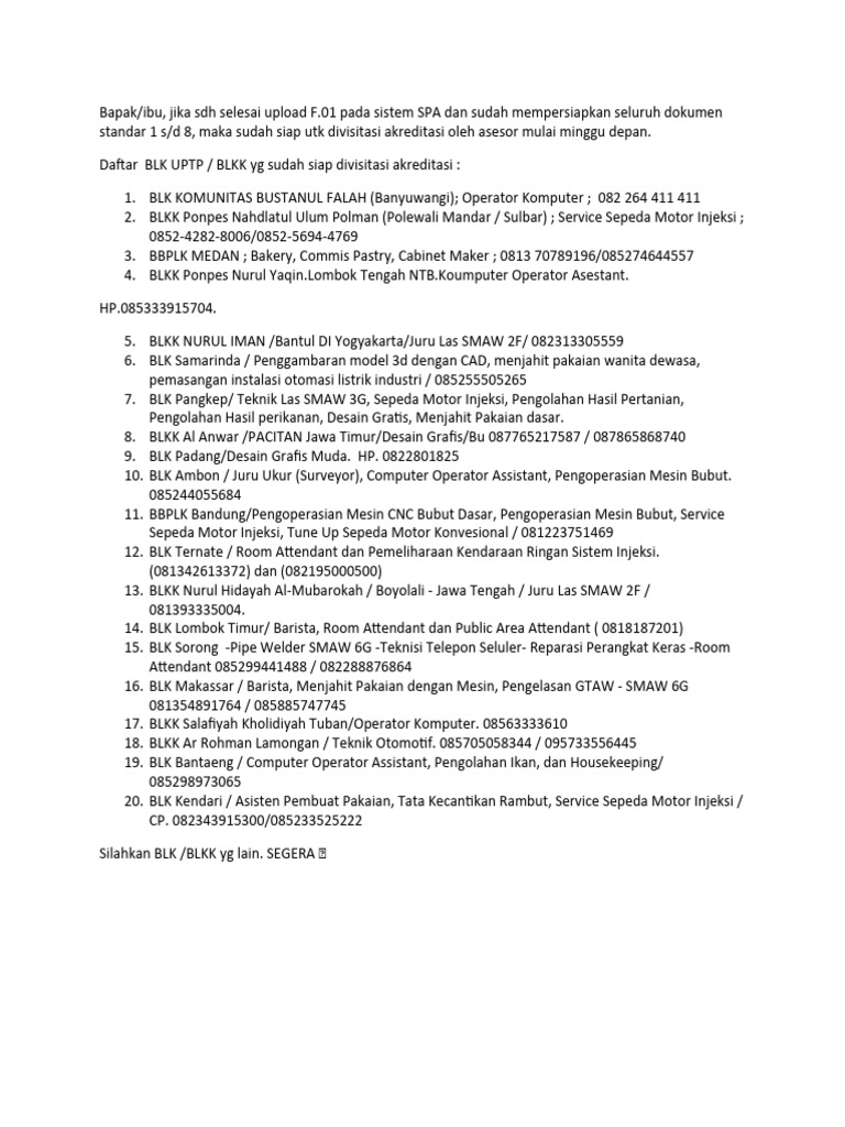 Data Akreditasi BLK Dan BLKK 2021 | PDF