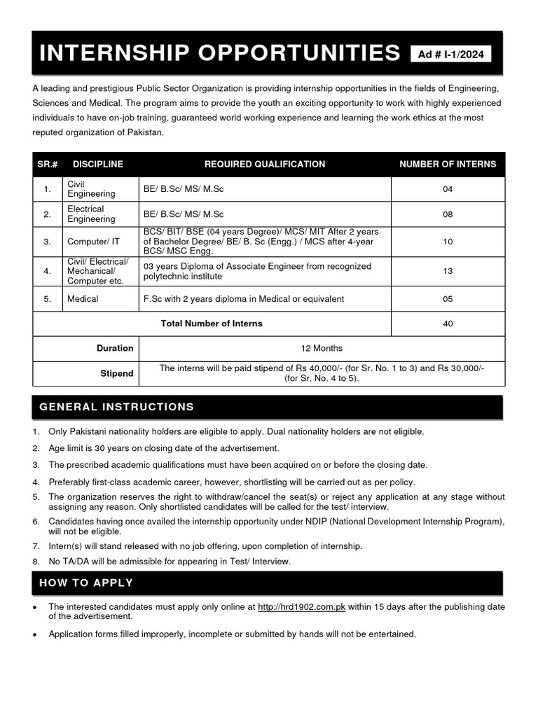 Internship Opportunities: SR.# Discipline Required Qualification Number ...