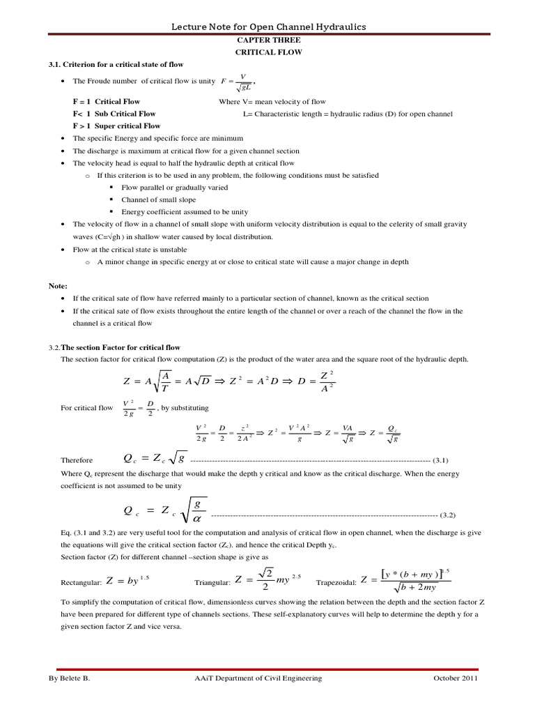 Critical Flow in Open Channel Hydraulics | PDF | Exponentiation | Physics