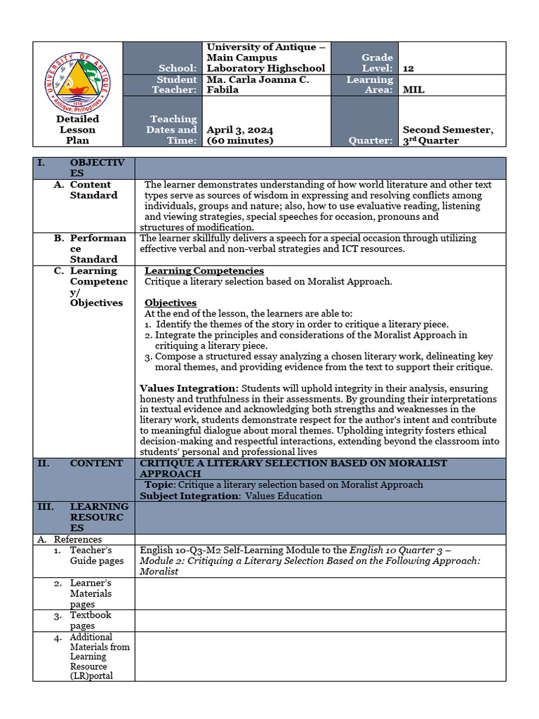 G10 Lesson Plan-Fabila | PDF | Morality | Good And Evil