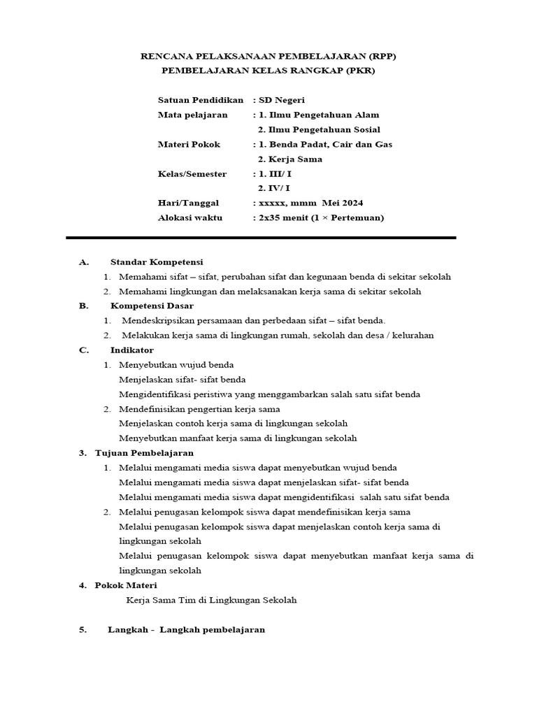 Contoh Rpp Pembelajaran Kelas Rangkap 22 | PDF
