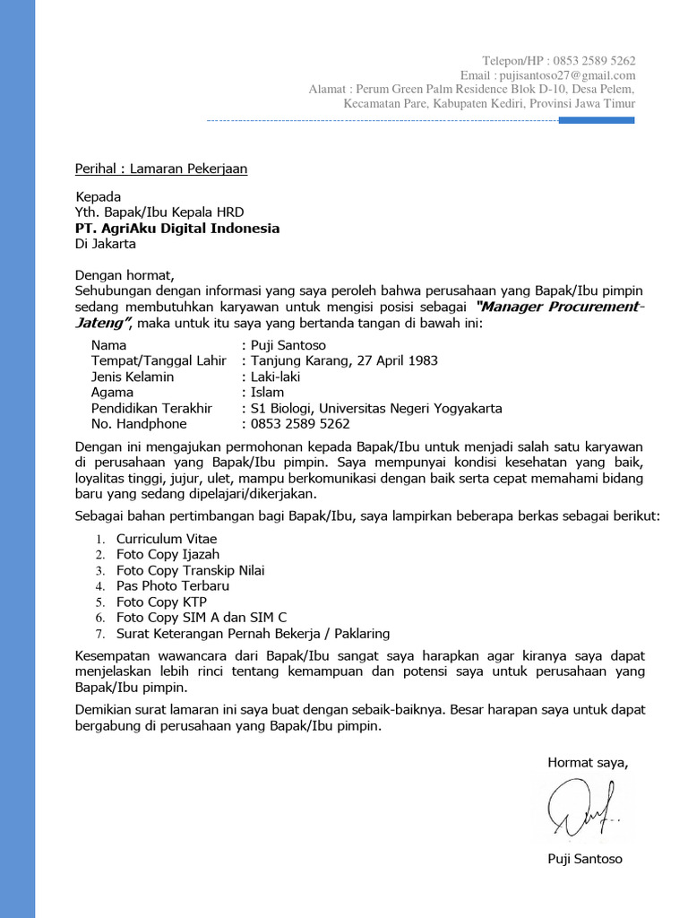 Surat Lamaran Dan Curriculum Vitae Puji Santoso | PDF