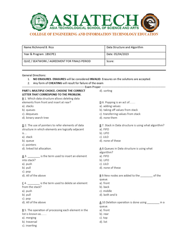 RICO - DataStructure - FINAL QUIZ SEATWORK AGREEMENT - CPE | PDF | Algorithms And Data ...