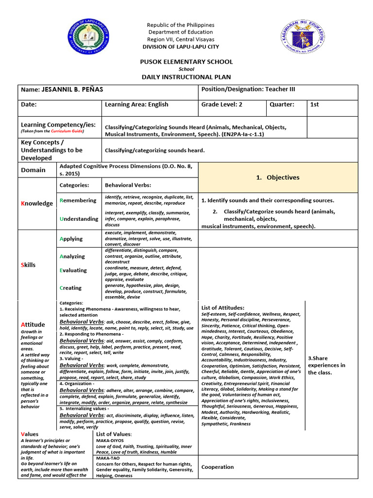 Iplan English Q1W1 | PDF | Learning | Sound