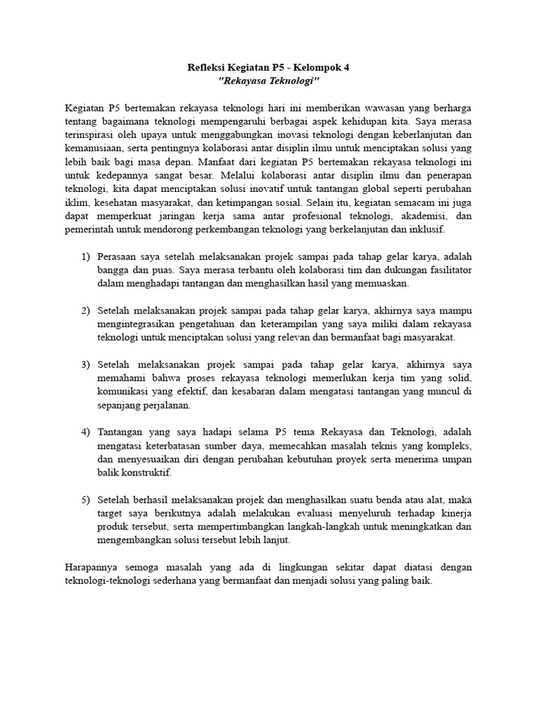 Refleksi Kegiatan P5 Rekayasa Teknologi | PDF