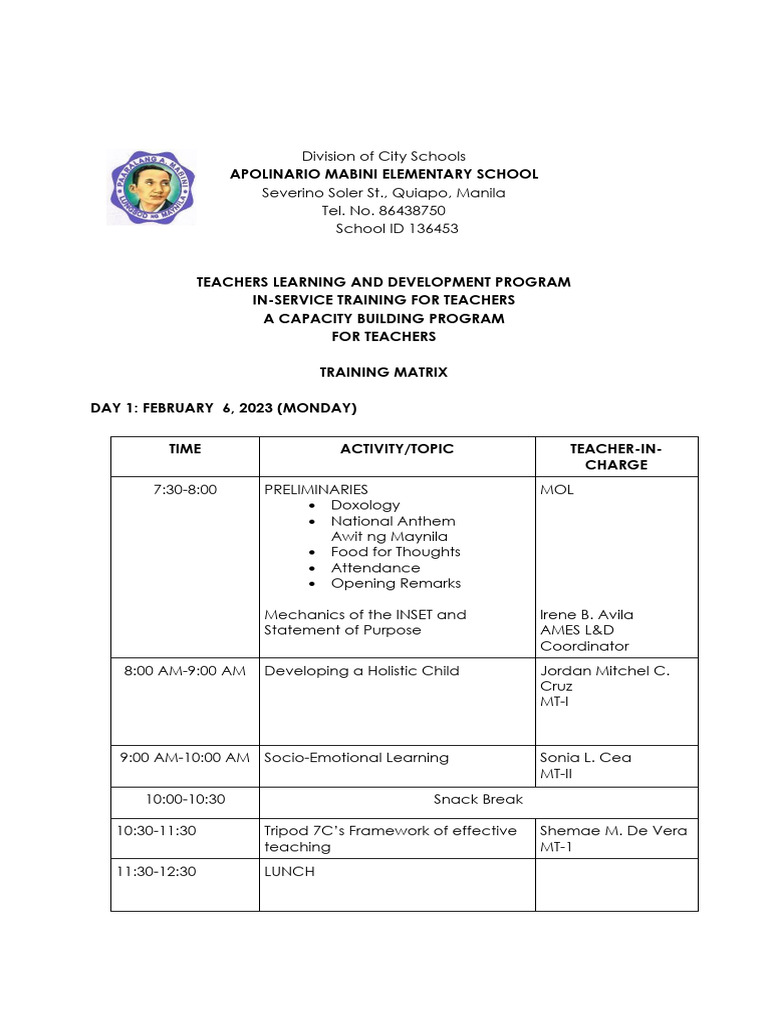 Inset Training Program Matrix Final | PDF | Human Communication | Pedagogy