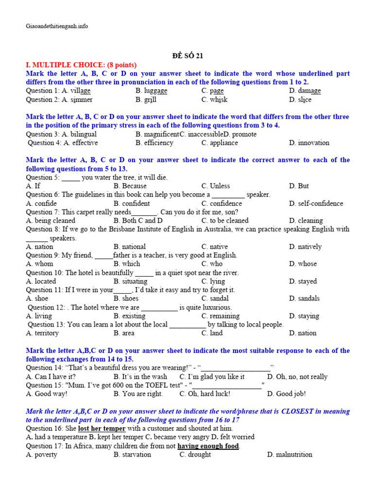 ĐỀ Tiếng anh thi vào 10 FORM HÀ NỘI Trắc Nghiệm 40 CÂU | PDF ...