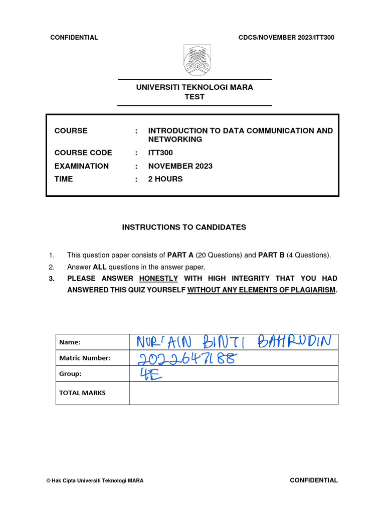 Test Itt300 Okt 2023 - Q | PDF | Osi Model | Computer Network