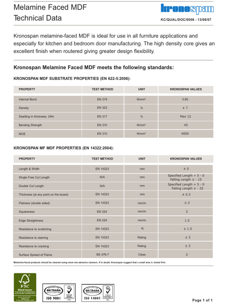 Kronospan Melamine MDF Technical Data | PDF | Secondary Sector Of The ...