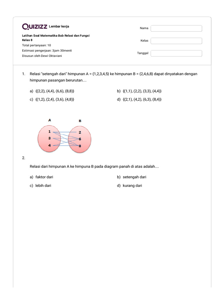 Latihan Soal Matematika Bab Relasi Dan Fungsi Kelas 8 - Quizizz | PDF