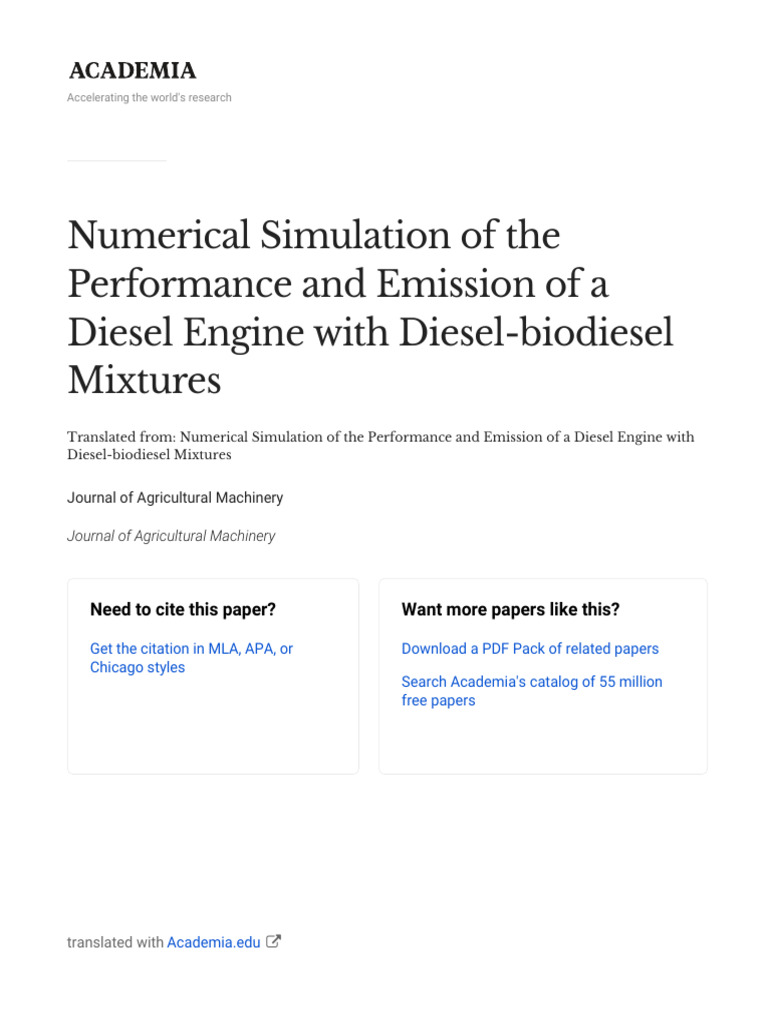 Numerical Simulation of The Performance and Emission of A Diesel Engine ...