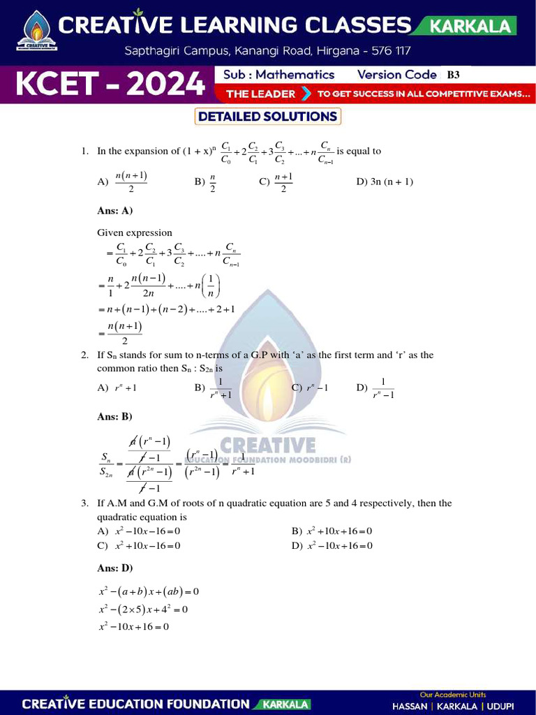 Kcet Maths Solution | Download Free PDF | Function (Mathematics ...