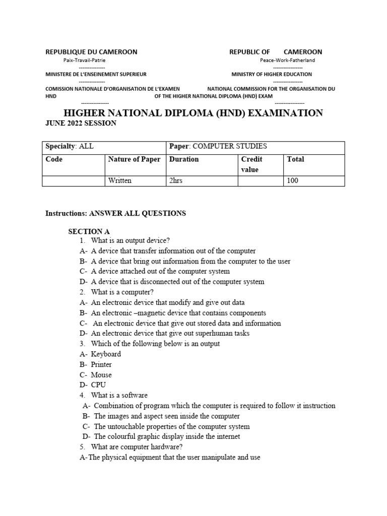 HND Computer Studies Exam Questions 2022 | PDF | Computer Data Storage ...