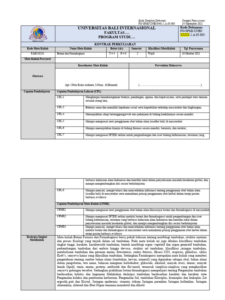 A8 - Kontrak & Time Table Botani Dan Farmakognosi | PDF