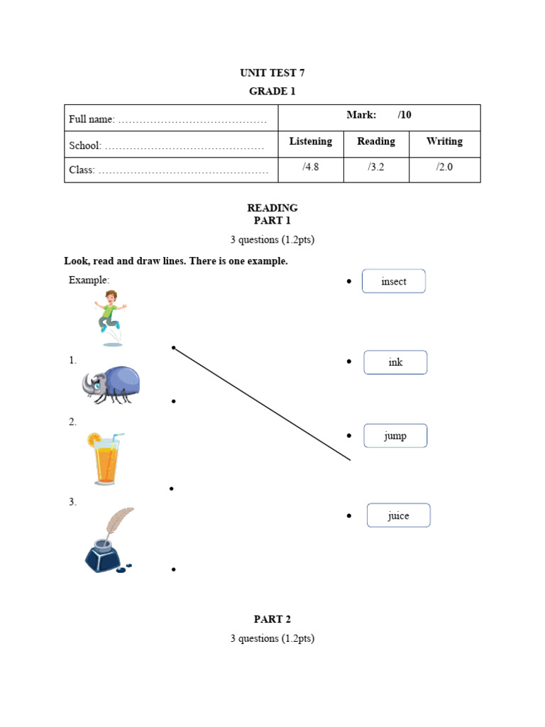 English Test For Grade 1 | PDF