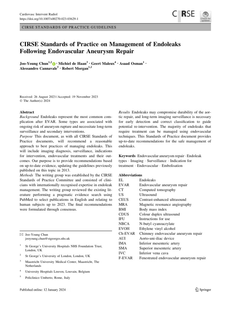 CIRSE Standards of Practice On Management of Endoleaks Following ...