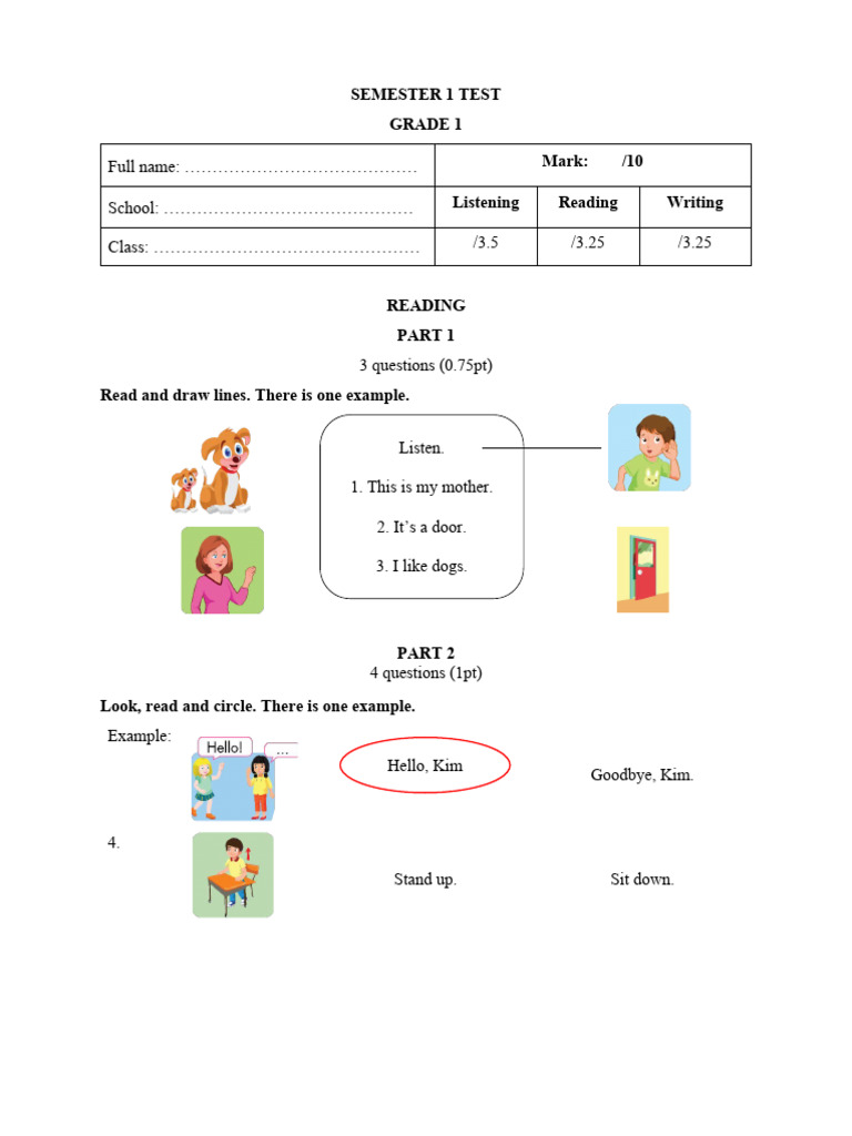 English Test For Grade 1 | PDF