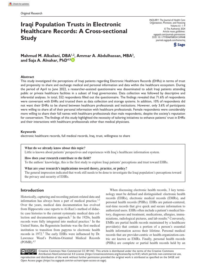 Alkailani Et Al 2024 Iraqi Population Trusts in Electronic Healthcare Records A Cross Sectional ...